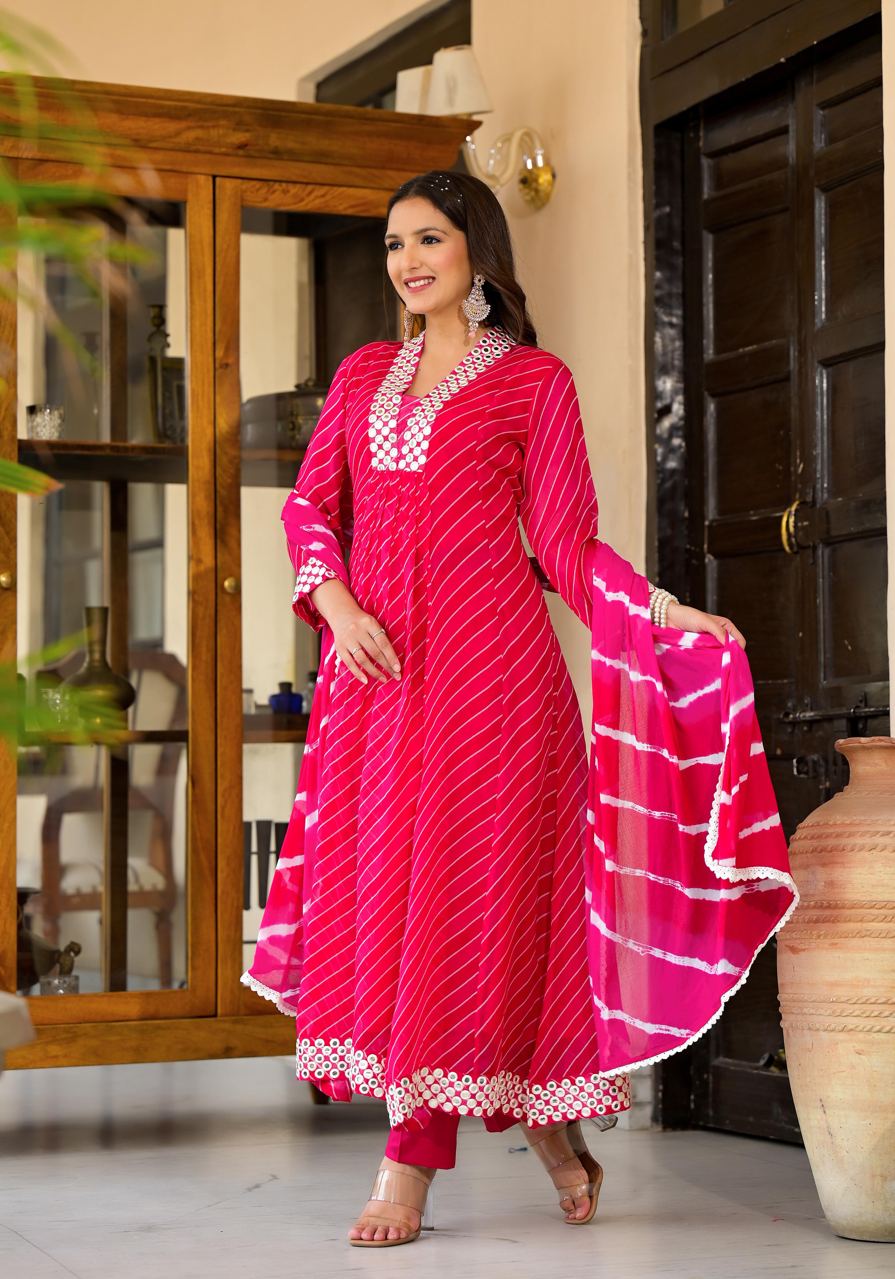 Rani Pink lehariya suit set – Kamodinee